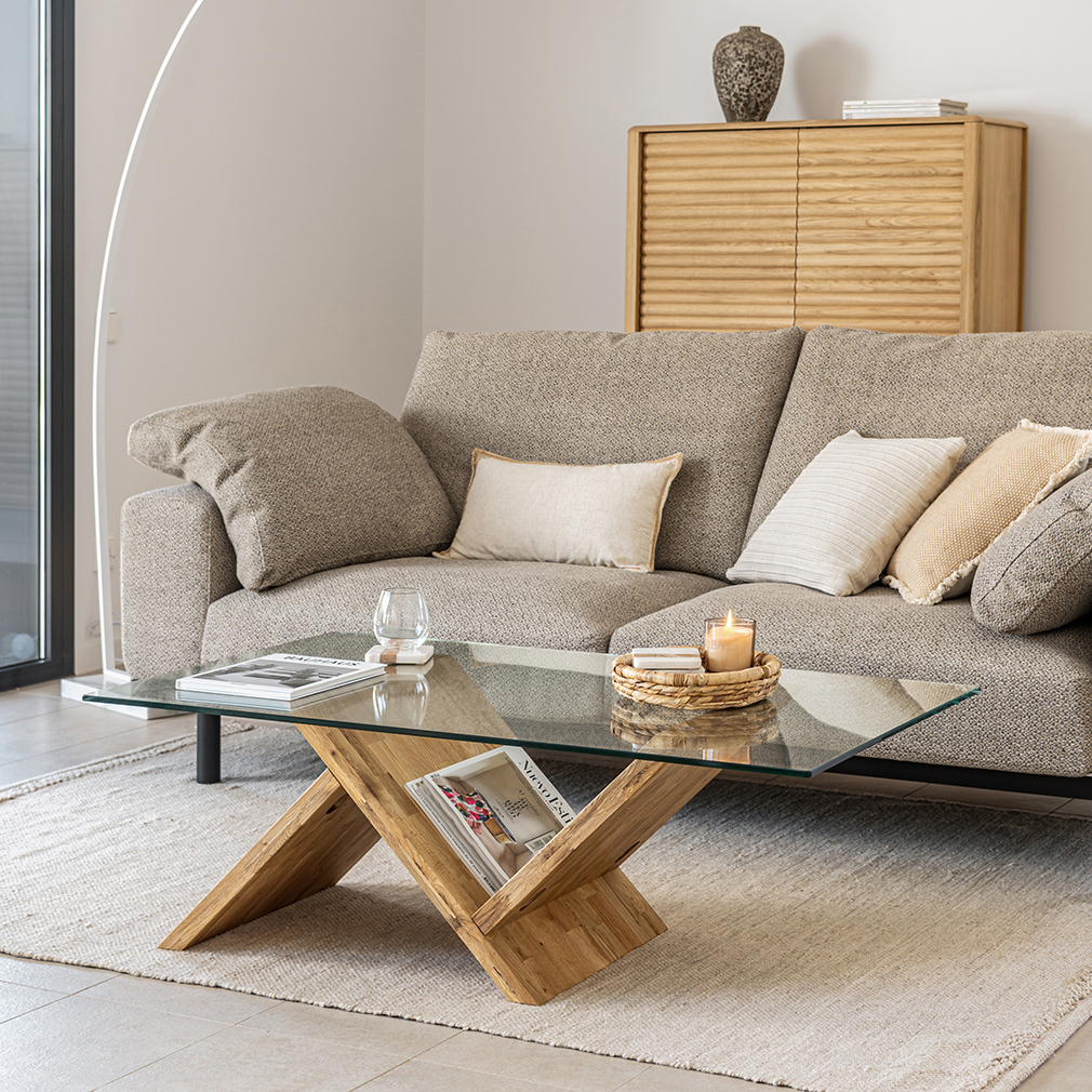 Kave Home Waley Coffee Table, Clear Glass / Oak | Vepsäläinen