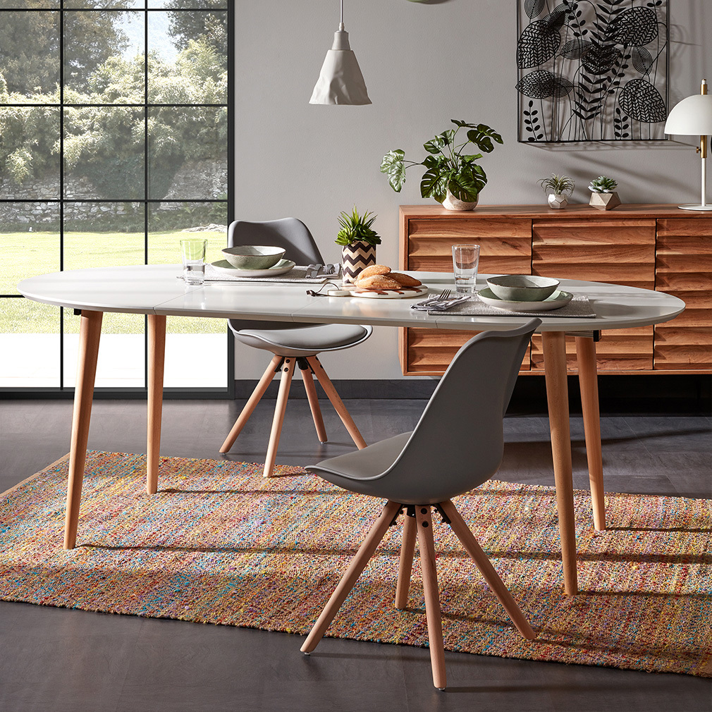 Kave Home Oqui- jatkettava ruokapöytä, valkoinen/pyökki | Vepsäläinen